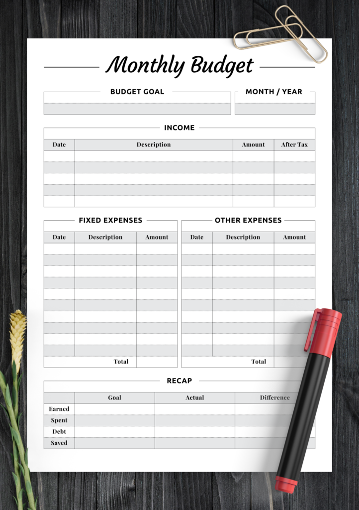 Download Printable Monthly Budget With Recap Section PDF - Printable ...
