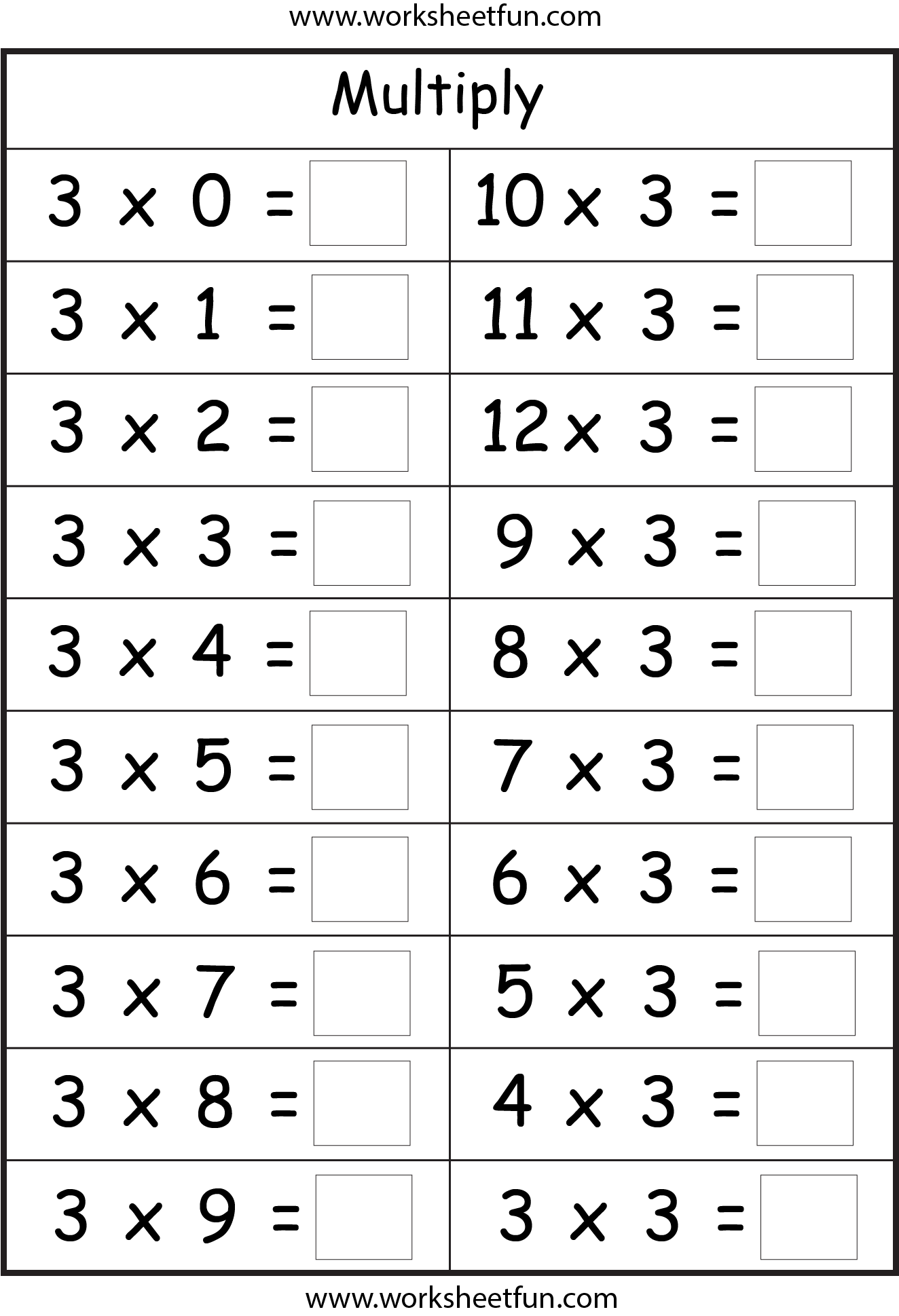 Multiplication Basic Facts 2 3 4 5 6 7 8 9 Times Tables Printable