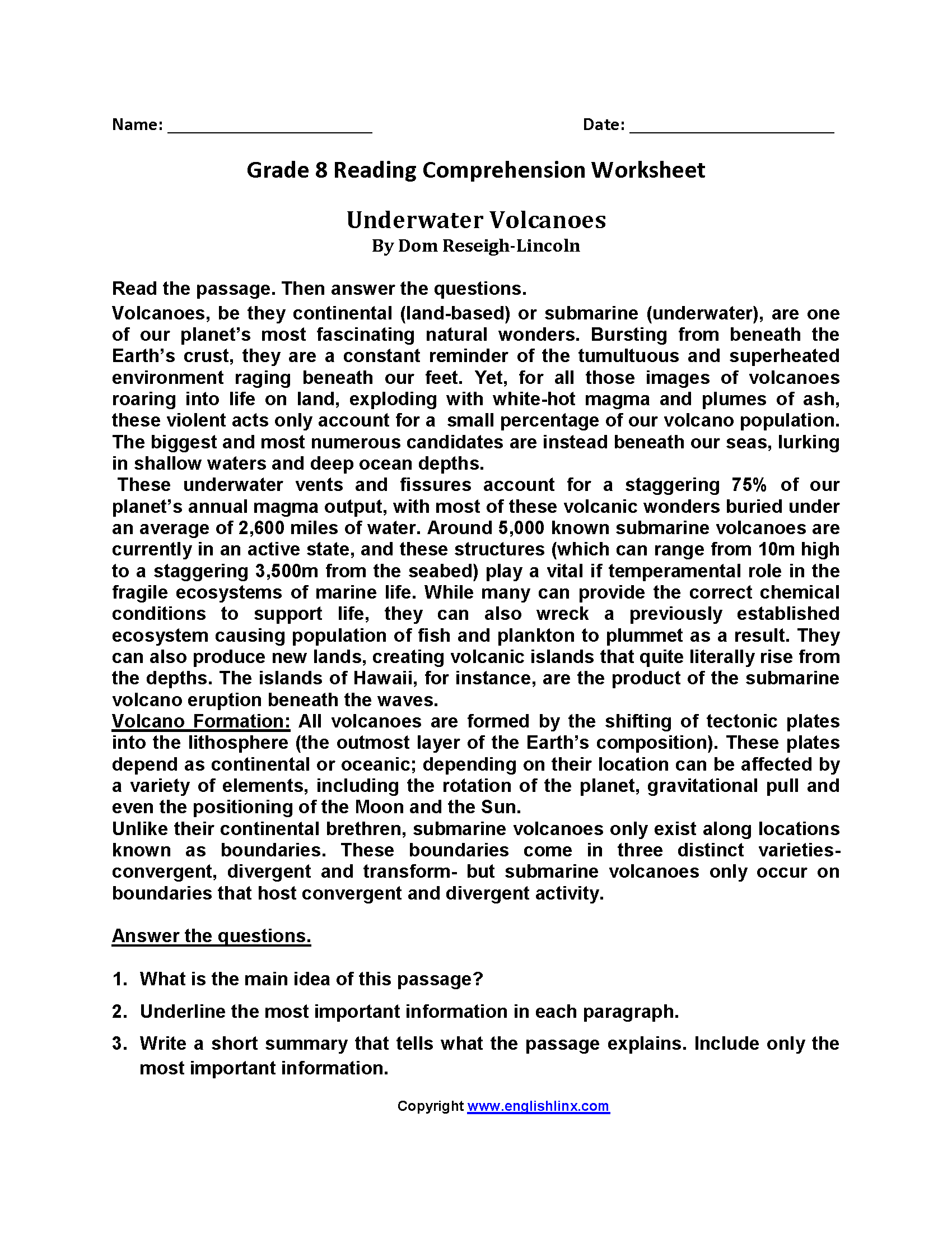 Free Printable 8th Grade Reading Comprehension Worksheets With Answers Free Printable 8th Grade Reading Comprehension Worksheets With Answers