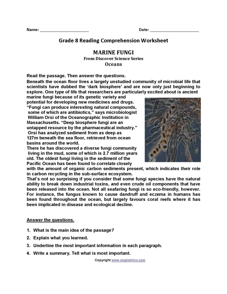 Free Printable 8th Grade Reading Comprehension Worksheets With Answers ...